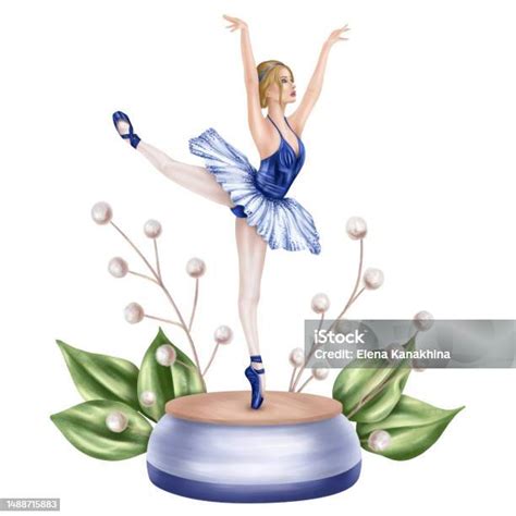 우아한 파란색 투투와 뾰족한 신발을 신고 받침대 위에서 춤을 추는 프리마 발레리나 발끝으로 소녀 극장에서의 공연 조상이있는 오르골 격리된 디지털 일러스트레이션 Fashion