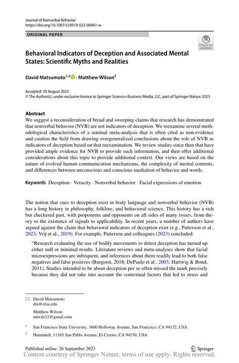 Behavioral Indicators Of Deception And Associated Mental States Scientific Myths And Realities