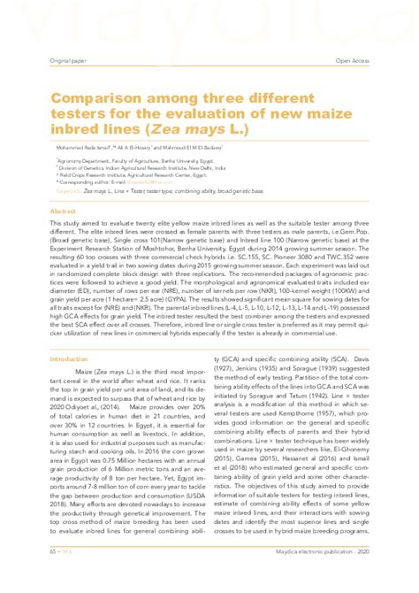 Pdf Comparison Among Three Different Testers For The Evaluation Of New Maize Inbred Lines Zea