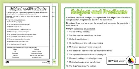 Second Grade Subject And Predicate Worksheet