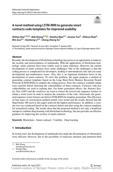 A Novel Method Using Lstm Rnn To Generate Smart Contracts Code Templates For Improved Usability