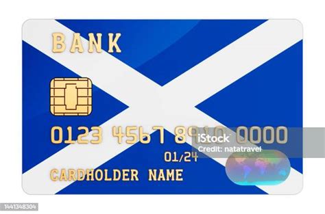 스코틀랜드 국기가 있는 은행 신용 카드 스코틀랜드 개념의 국가 은행 시스템 3d 렌더링 3차원 형태에 대한 스톡 사진 및 기타 이미지 3차원 형태 개념 개념과 주제