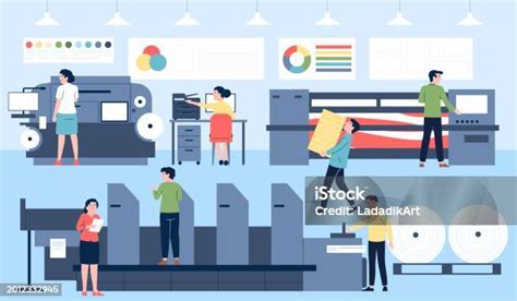 인쇄소 작업 과정 거짓말 탐지기 생산 사람들은 타이포그래피 장비 인쇄 및 프리프레스로 작업합니다 최근 벡터 인쇄소 장면 프린터하기에 대한 스톡 벡터 아트 및 기타 이미지