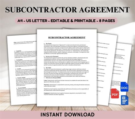 Editable Subcontractor Agreement Template Subcontractor Contract Form