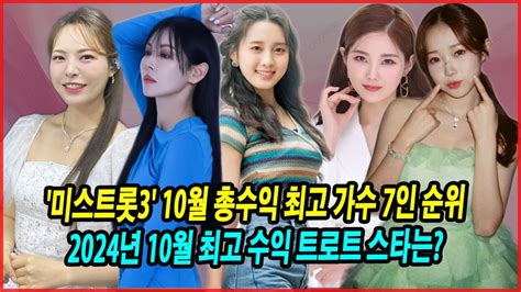 미스트롯3 10월 총수익 최고 가수 7인 순위 2024년 10월 최고 수익 트로트 스타는 당신의 의견은 무엇입니까 Youtube