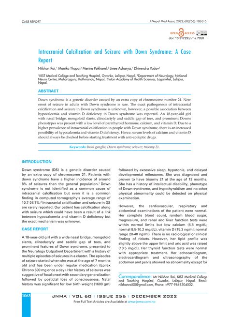 Pdf Intracranial Calcification And Seizure With Down Syndrome A Case Report