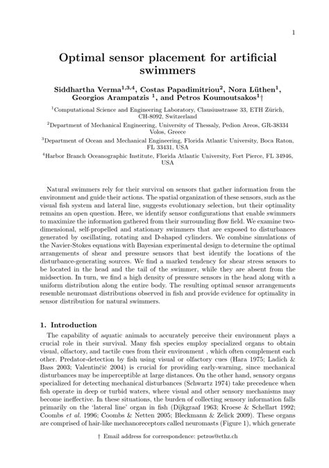 pdf optimal sensor placement for artificial swimmers