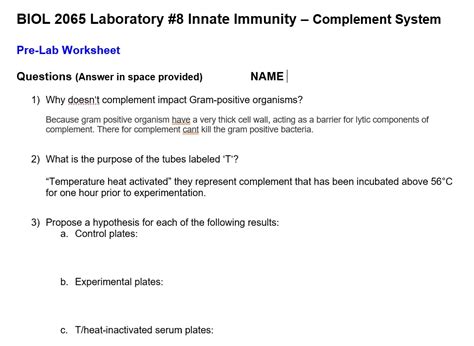 Biol 2065 Laboratory 8 Innate Immunity Complement System Pre Lab