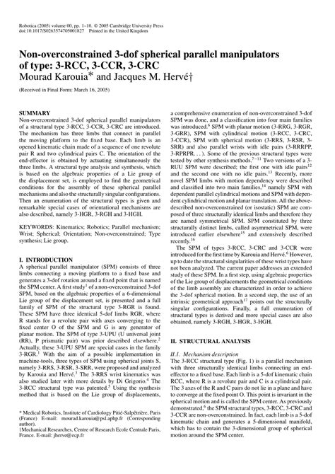 Pdf Non Overconstrained 3 Dof Spherical Parallel Manipulators Of Type 3 Rcc 3 Ccr 3 Crc