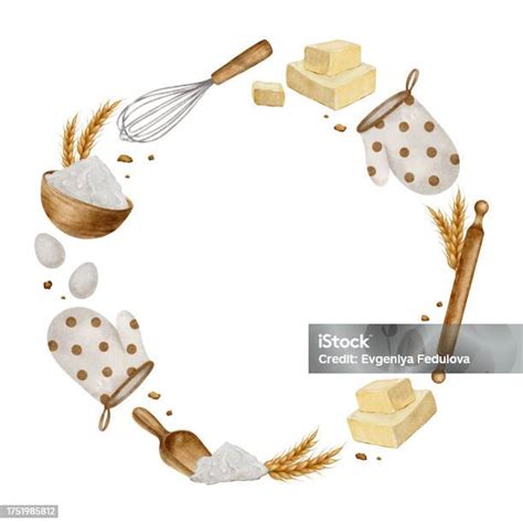 주방 용품 및 베이킹 재료 롤링 핀 숟가락 스쿱 밀가루 버터 털기 냄비 홀더 수채화 프레임입니다 빵집 빵집 카드 상점 포스터 배너 전단지 과자 장수를 위한 템플릿입니다