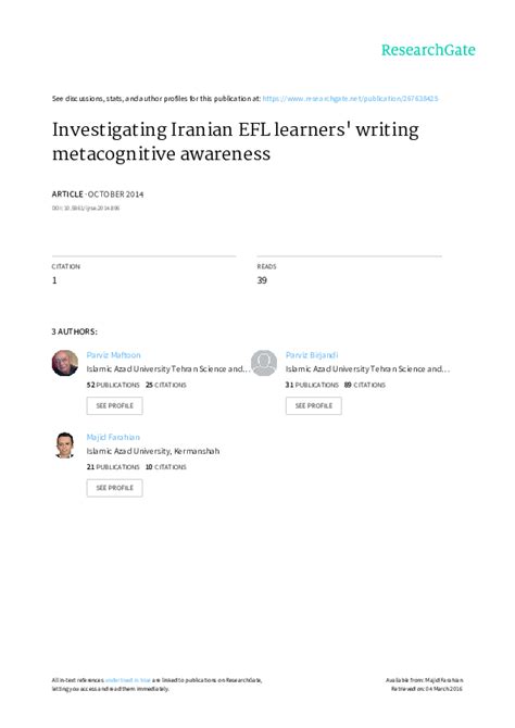 Pdf Investigating Iranian Efl Learners Writing Metacognitive Awareness Parviz Maftoon