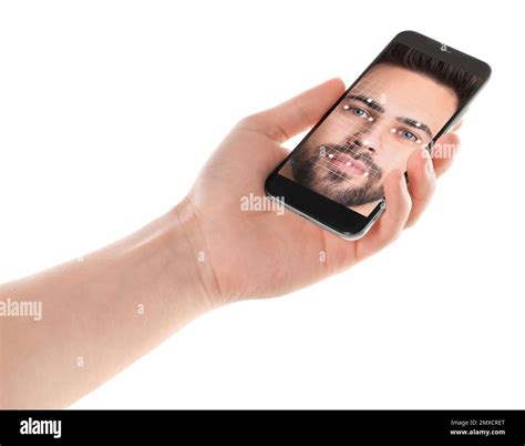 Man Using Smartphone With Facial Recognition System On White Background Closeup Biometric