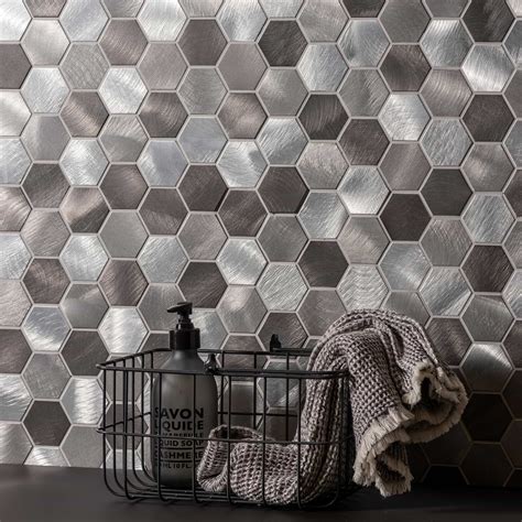 Rhea Grey And Silver Mixed Hexagon Mosaic From Hyperion Tiles