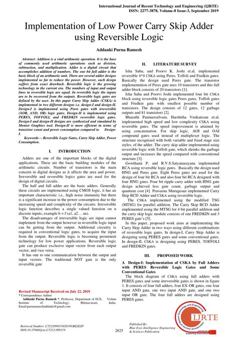 Pdf Implementation Of Low Power Carry Skip Adder Using Reversible Logic