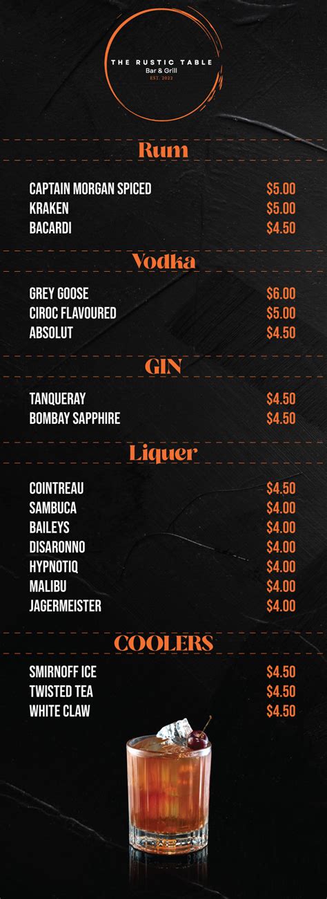 Dine In Menu The Rustic Table Bar Grill