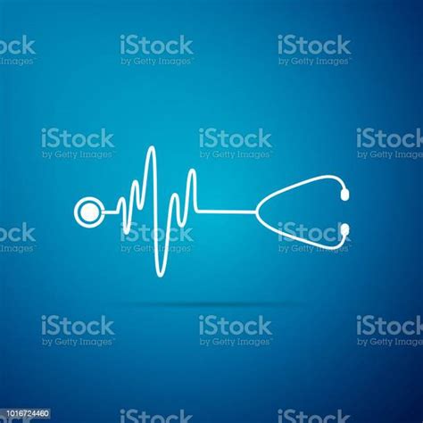 마음으로 청진 기 아이콘 파란색 배경에 고립이 겼 다 의료 개념입니다 펄스 치료 기호입니다 평면 디자인입니다 벡터 일러스트 레이 션 건강 검진에 대한 스톡 벡터 아트 및