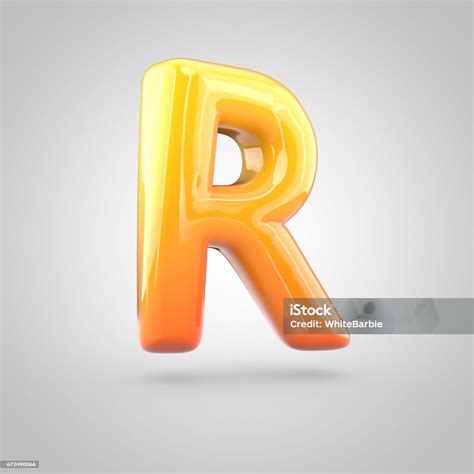 광택 있는 오렌지와 노란색 그라데이션 페인트 알파벳 문자 대문자 R 흰색 배경에 고립 3차원 형태에 대한 스톡 사진 및 기타