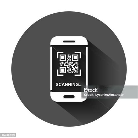 평면 스타일에서 Qr 코드 스캔 전화 아이콘 스마트 폰 벡터 일러스트 레이 션에서 스캐너 긴 그림자와 함께 검은 라운드 배경