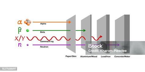 흰색 배경에 종이 알루미늄 또는 목재 납 또는 철 콘크리트 또는 물을 통한 방사선 유형 및 침투력의 벡터 그림 감마선에 대한 스톡 벡터 아트 및 기타 이미지 Istock