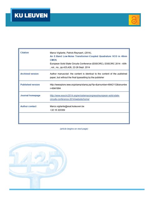 Mv An E Band Low Noise Transformer Coupled Quadrature Vco In 40 Nm Cmos Pdf Inductor