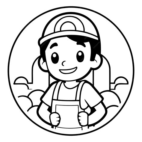 헬 과 오버롤 을 입은 건설 노동자 의 귀여운 만화 일러스트레이션 프리미엄 벡터