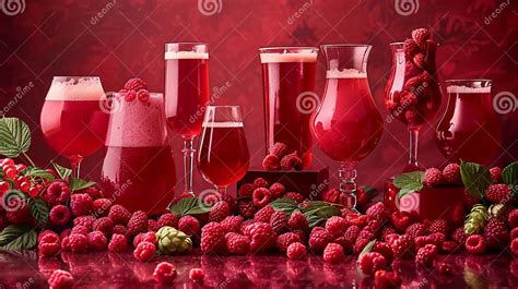 Raspberry Beer Glasses And Fresh Raspberries And Hops On A Reflective Mirror Surface Ai
