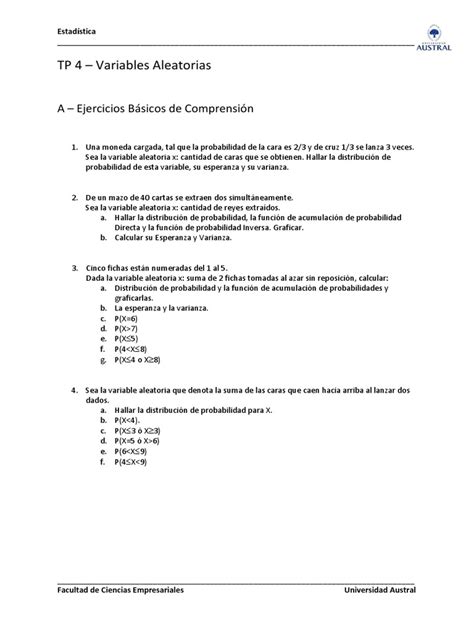Austral Estadística Variables Aleatorias 2023 Tp4 Versión 1 Pdf Variable Aleatoria