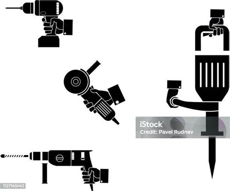 벡터 그림 전원 도구회전 하는 망치 착 암기 각도 분쇄기 및 손에서 무선 드릴 0명에 대한 스톡 벡터 아트 및 기타 이미지 0명 건설 기계류 검은색 Istock
