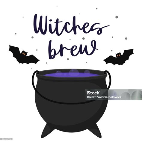끓는 마녀의 물약의 가마솥 보라색 액체 독과 거품의 냄비 핸드 레터링 마녀 양조와 엽서 할로윈 테마 흰색에 격리 된 색상 평면 만화 벡터 그림 마녀에 대한 스톡 벡터 아트