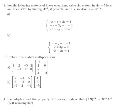 Solved 2 For The Following Systems Of Linear Equations Chegg Com