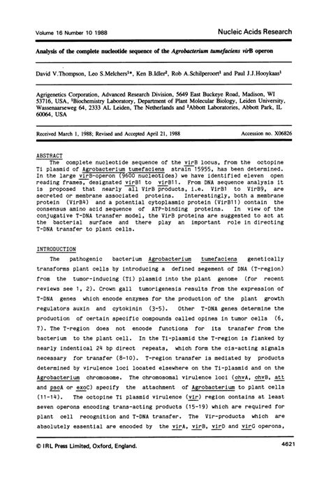 Pdf Analysis Of The Complete Nucleotide Sequence Of The Agrobacterium Tumefaciens Virb Operon