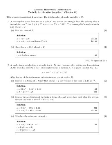 Edexcel Applied 1 Chapter 11 Homework Variable Acceleration