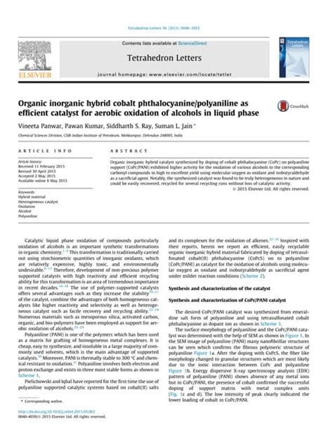 Organic Inorganic Hybrid Cobalt Phthalocyaninepolyaniline As Efficient Catalyst For Aerobic