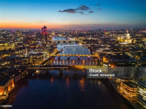 Aerial View Of The London Skyline Illuminated During Blue Hour United