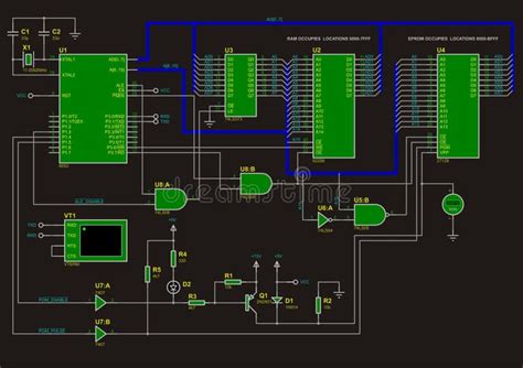 Vector Schematic Diagram Of Electronic Device With Microcontroller Ram And Eprom Chips Stock
