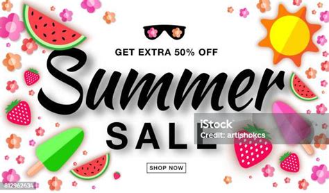 여름 판매 서식 파일 수평 평면 배너 평면 종이 태양 수 박 아이스크림 딸기 꽃 벡터 여름 디자인 요소와 흰색 배경에 그려진된