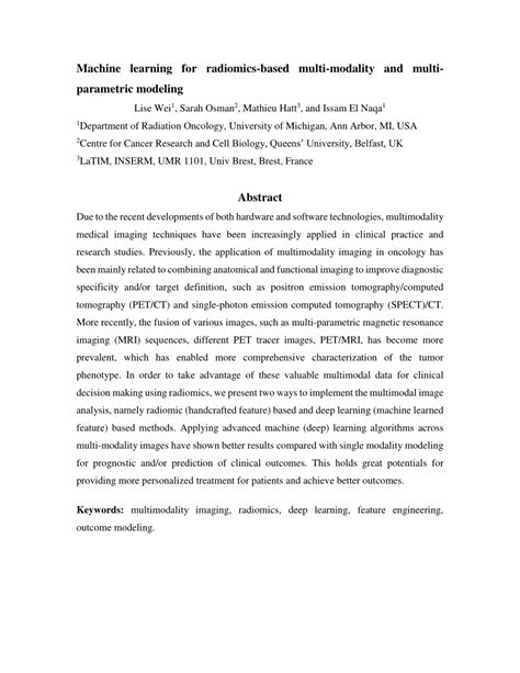 Pdf Machine Learning For Radiomics Based Multi Modality And Multi