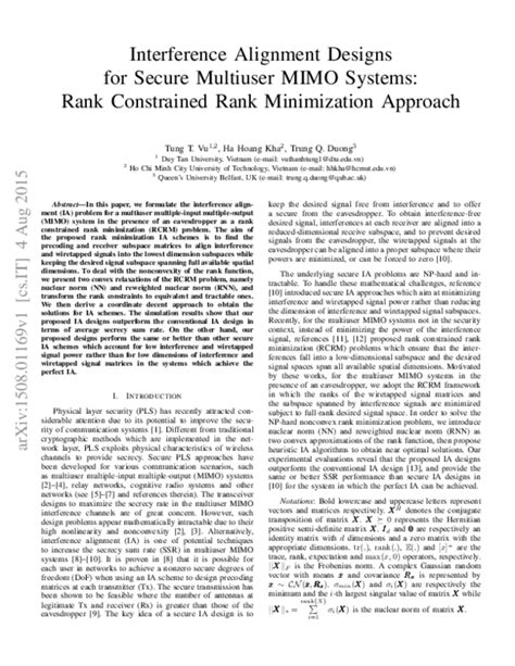 Pdf Interference Alignment Designs For Secure Multiuser Mimo Systems Rank Constrained Rank