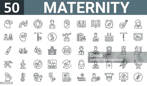 기분 변화 메스꺼움 감도 소년 신생아 신분증 보고서 프리젠 테이션 다이어그램 웹 디자인 모바일에 대 한 문서 벡터 얇은 아이콘과 같은 50 개의 개요 웹 출산 아이콘 세트