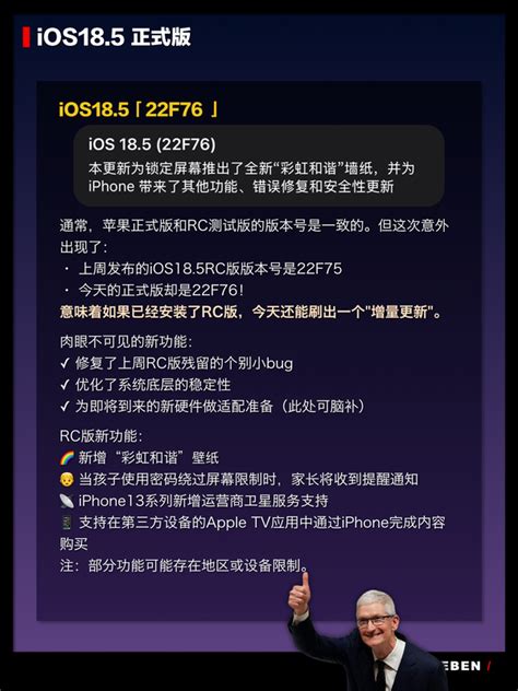 小甜甜呵呵奔 的想法 Ios18 5正式版更新了什么｜更新详解 通常，苹果正式版和rc测试版的版本号是一致的。但这次意外出现了：•上周发布的ios18 5rc版版本号是22f75•今天的