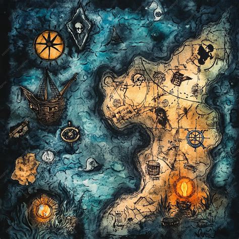 Watercolor Painting Of A Treasure Map With A Ship Compass Skulls And A