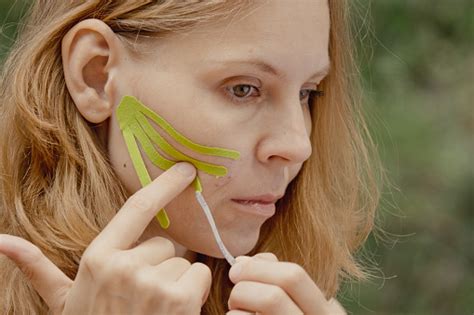 얼굴에 녹색 테이프를 가진 젊은 여자 얼굴 미적 테이핑 이마에 운동학 테이프를 가진 매력적인 젊은 여성 운동학 페이스 리프트 테이프를 가진 아름다운 여자 40 44세에 대한