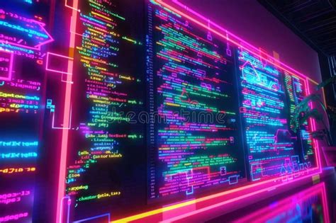 Colorful Glowing Abstract Programming Code On Dark Background For Futuristic Concept Stock Photo
