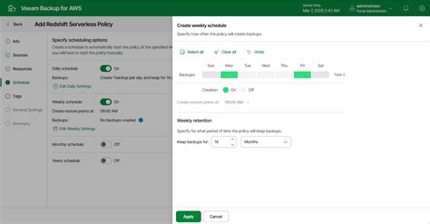 specifying weekly schedule veeam backup for aws guide