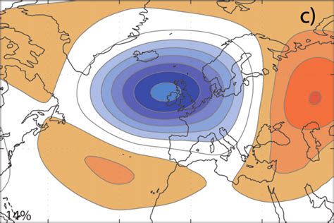 spatial a eof1 b eof2 and c eof3 patterns of monthly djf z500
