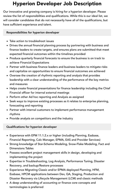 Hyperion Developer Job Description Velvet Jobs