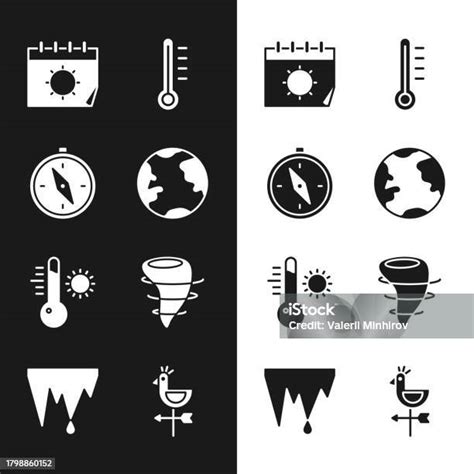 지구 지구본 나침반 달력 및 태양 기상 온도계 토네이도 수탉 풍향계 및 고드름 아이콘을 설정합니다 벡터 0명에 대한 스톡 벡터 아트 및 기타 이미지 Istock