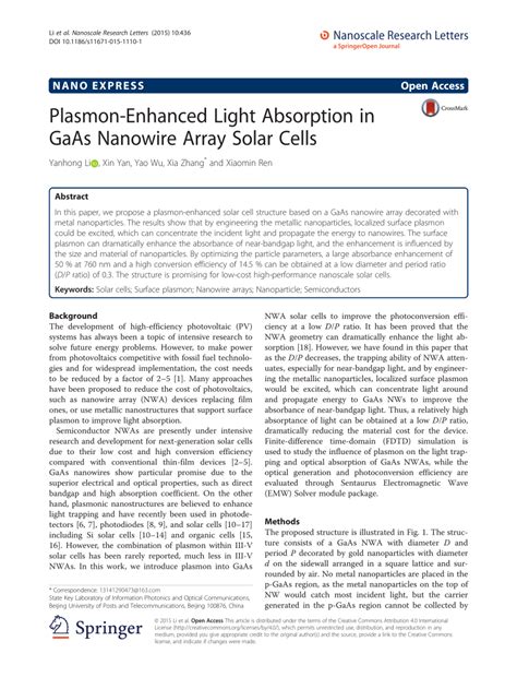 Pdf Plasmon Enhanced Light Absorption In Gaas Nanowire Array Solar Cells