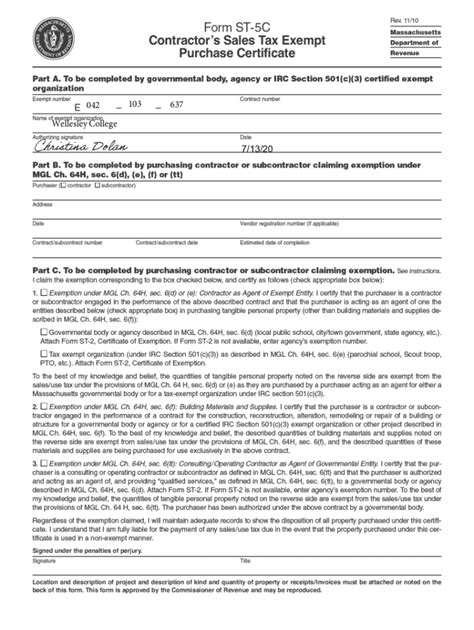 Fillable Online Form St 5c Contractor Sales Tax Exempt Purchase