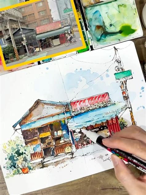 畫破屋的－飛 On Instagram 家附近早餐店 ️🎨 手繪 水彩 鋼筆 鋼筆淡彩 畫畫 房屋 建築 街屋 老屋 水彩風景 鄉村 繪畫